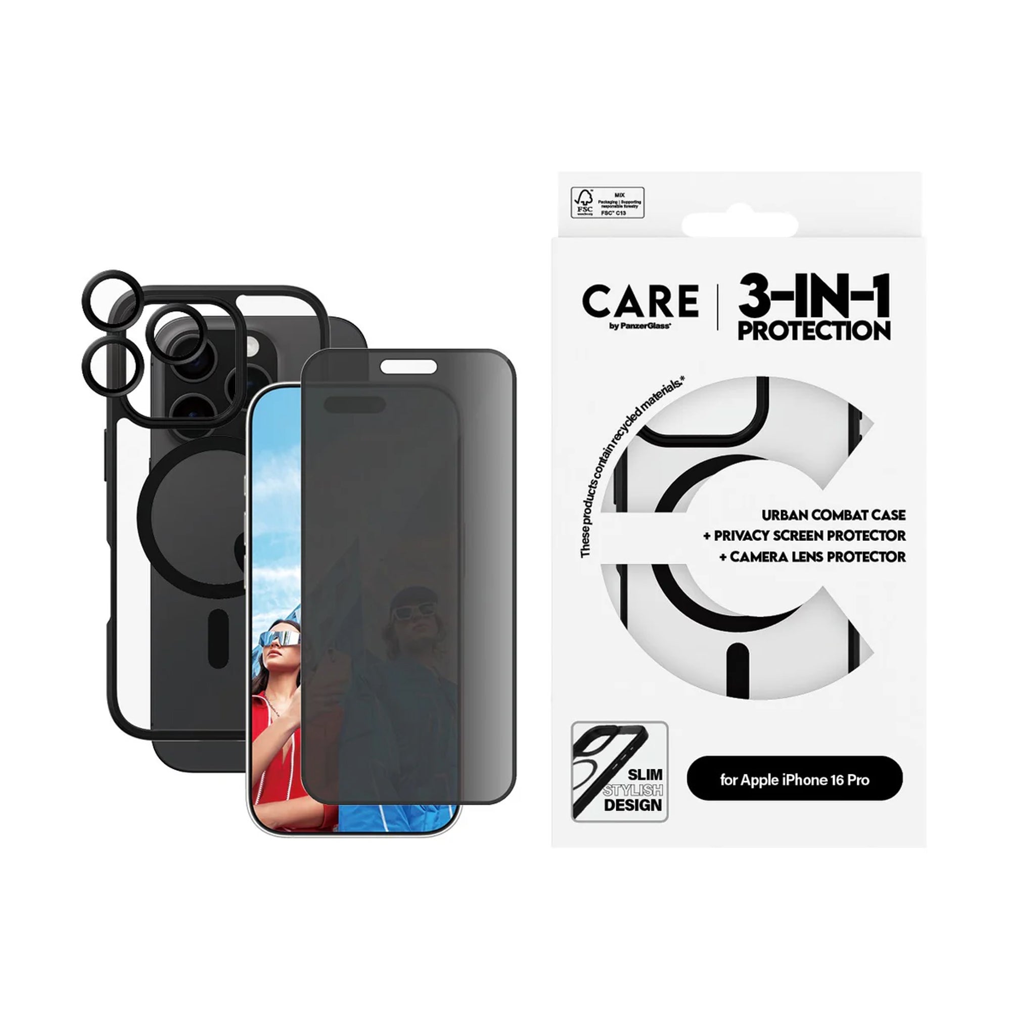 PanzerGlass™ Care iPhone 16 Pro Privacy Screen Protector 3-in-1 MagSaf – Three Accessories